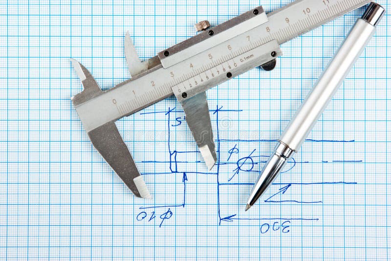 Technical Drawing and Callipers with Pen Stock Image - Image of ...