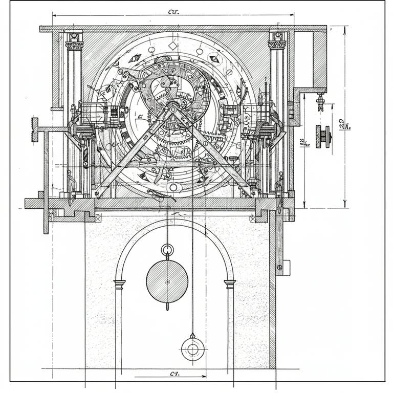 Technical Drawing of a Complex Mechanical Clock Mechanism. Central Gear ...