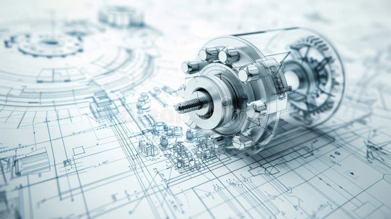 Technical Drawing with a 3D Mechanical Part on a Light Blue Blueprint ...