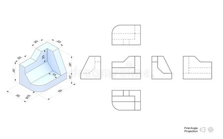 Technical Drawing of a 3D Model with a Perspective and Orthogonal Views ...