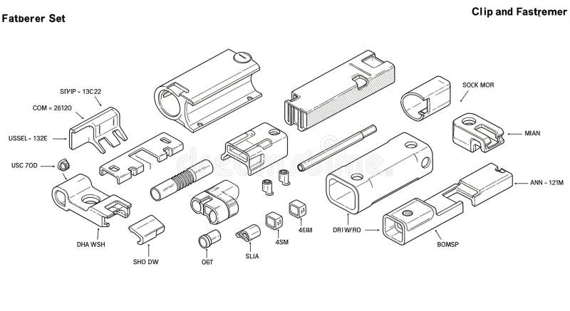 A Technical Drawing Depicting Various Mechanical Components Labeled with Stock Illustration ...