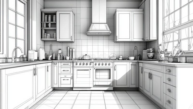 A Technical Drawing Depicts a Modern Kitchen Design Complete with ...