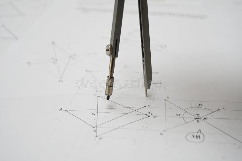 Technical Drawing with Drafting Compass, Paper Stock Photo - Image of ...