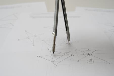 Technical Drawing with Drafting Compass, Paper Stock Photo - Image of ...