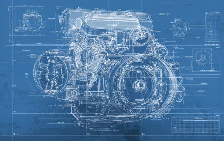 Technical Drawing of an Engine Showing Detailed Design Specifications on a Blue Background Stock ...