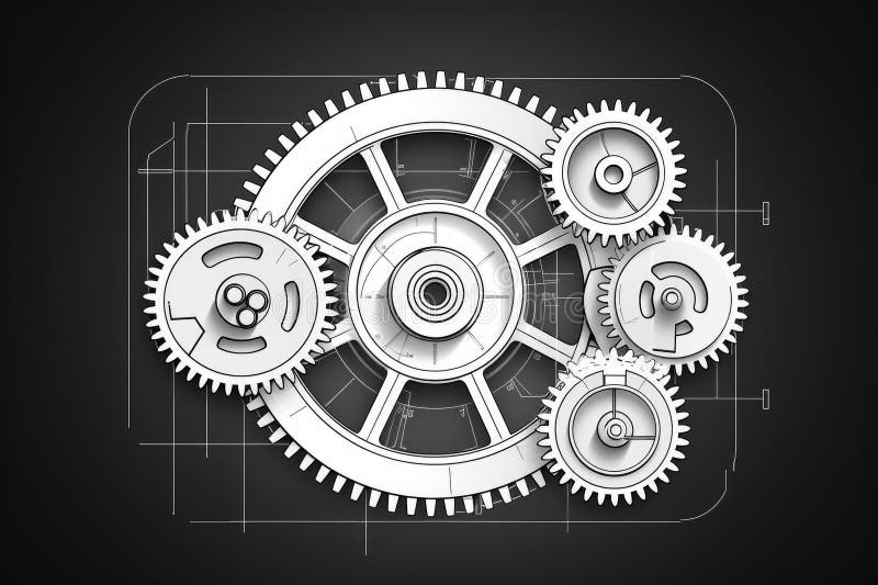 Technical Drawing of Gears. Rotating Mechanism of Round Parts Stock ...