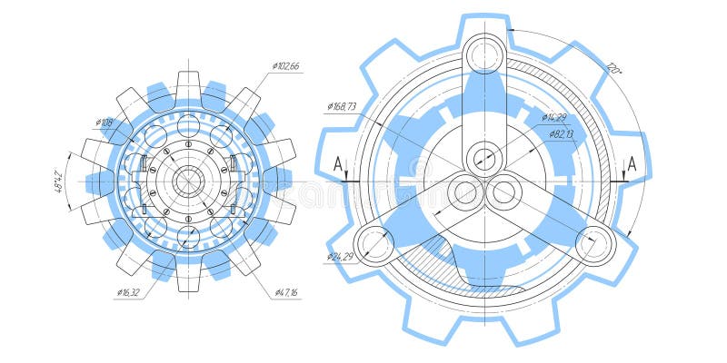 Technical Drawing of Gears .Rotating Mechanism of Round Parts .Machine ...