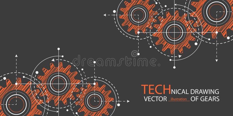 Technical Drawing of Gears .Rotating Mechanism of Round Parts .Machine ...