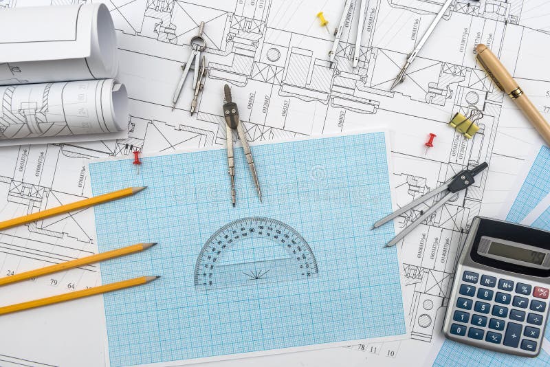 Technical Drawing, Graph Paper and Tools. Engineer Office Team Working ...