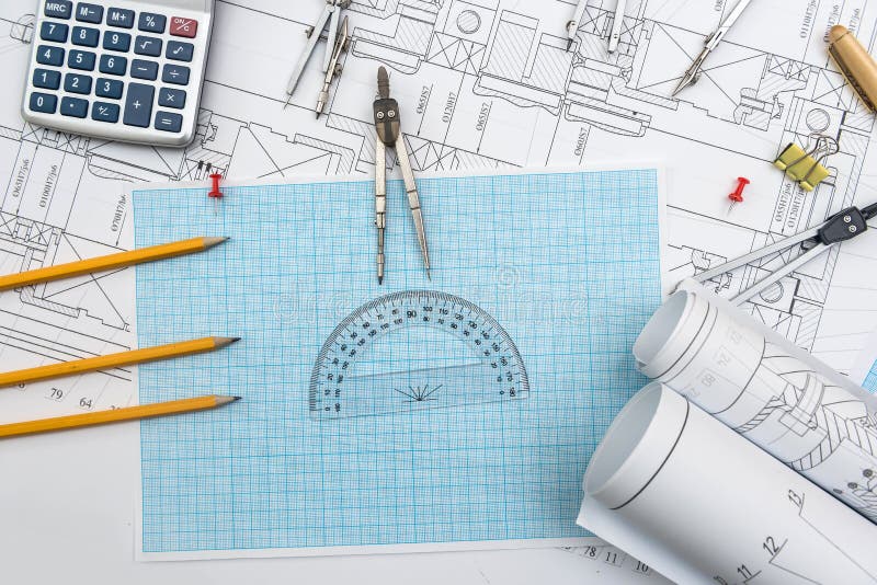 Technical Drawing, Graph Paper and Tools. Engineer Office Team Working ...