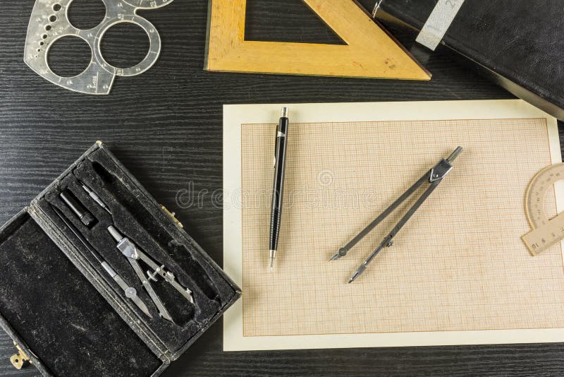 Technical Drawing on Graph Paper - Useful Equipment. Stock Image ...