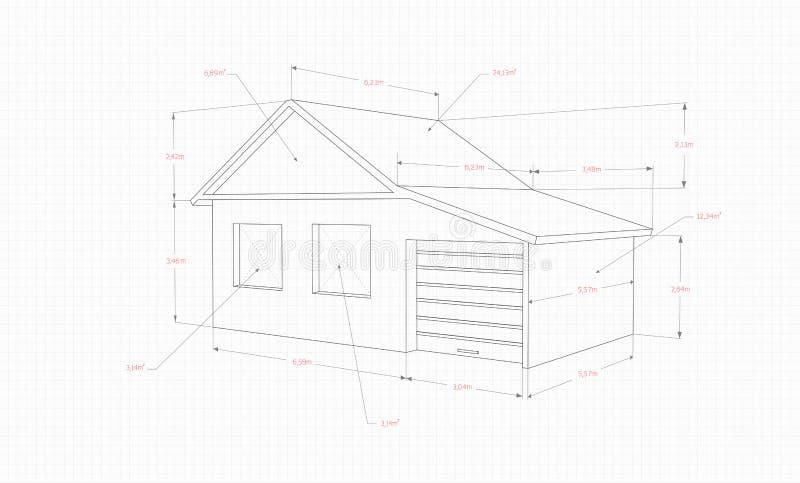 Technical Drawing of a House with a Garage, on a Plane with Size ...