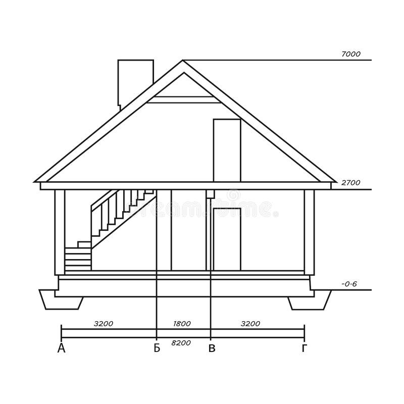 Technical Drawing of House Icon in Outline Style Isolated on White ...