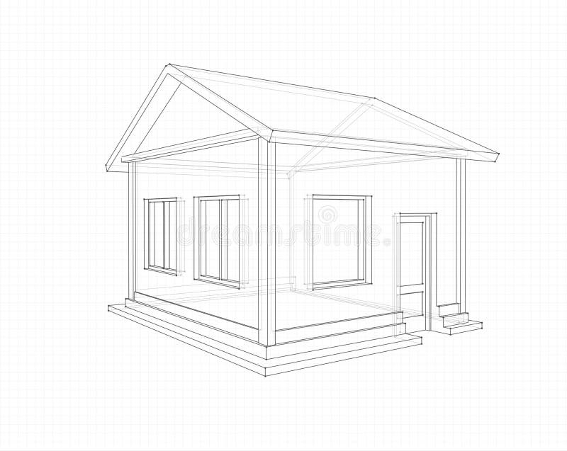 House Drawing with Porch and Windows, 3D Perspective on a White ...