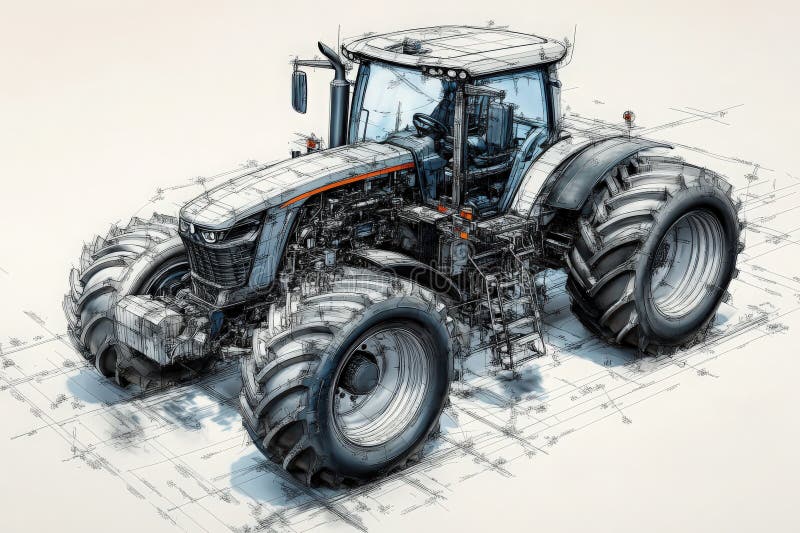 Detailed Technical Sketch of a Modern Agricultural Tractor Showcasing ...