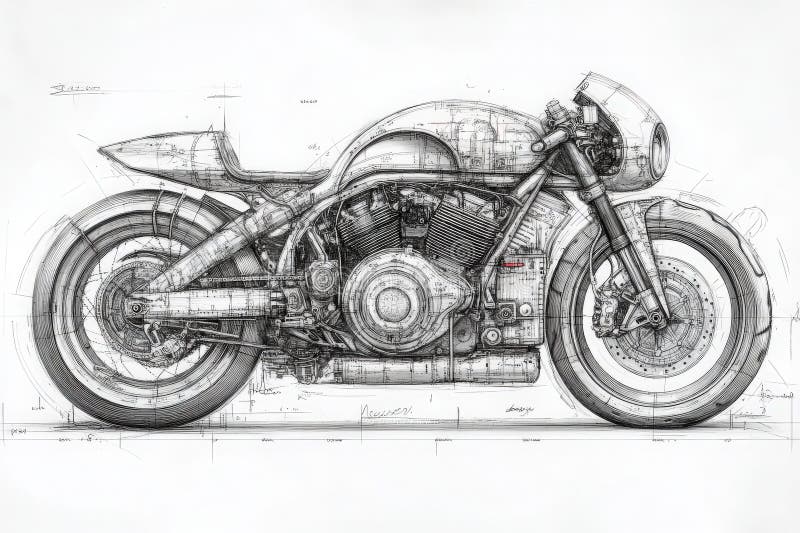 Technical Sketch of a Motorcycle Design Showcasing Detailed Engineering ...