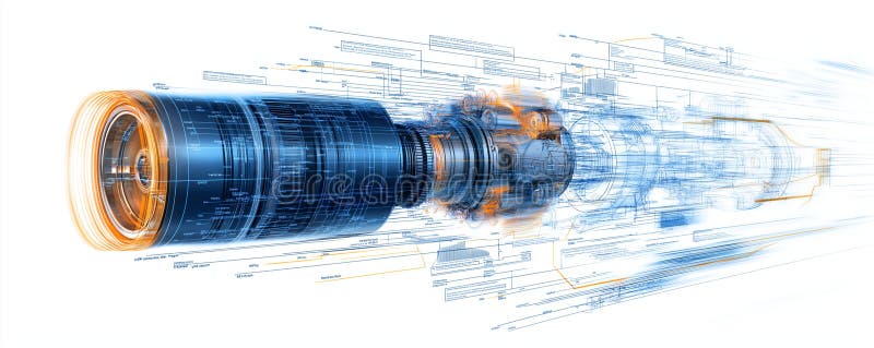 Technical Drawing of Industrial Engine with Blueprints and Schematics ...
