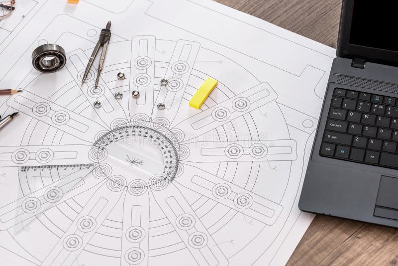 Technical Drawing with Laptop and Drawing Tools Stock Photo - Image of ...