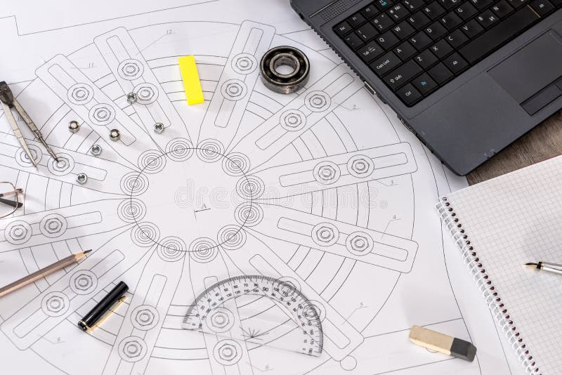 Technical Drawing, Graph Paper and Tools. Engineer Office Team Working ...
