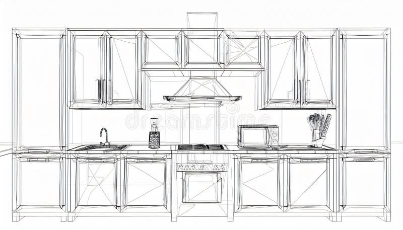 Technical Drawing of a Modern Kitchen Design Showing Cabinets and ...