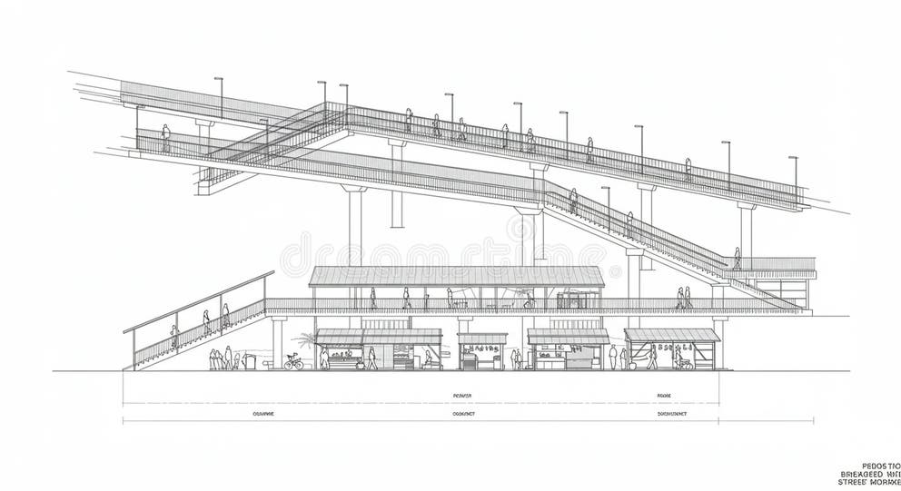 Technical Drawing of a Multilevel Urban Structure, Featuring Pedestrian ...
