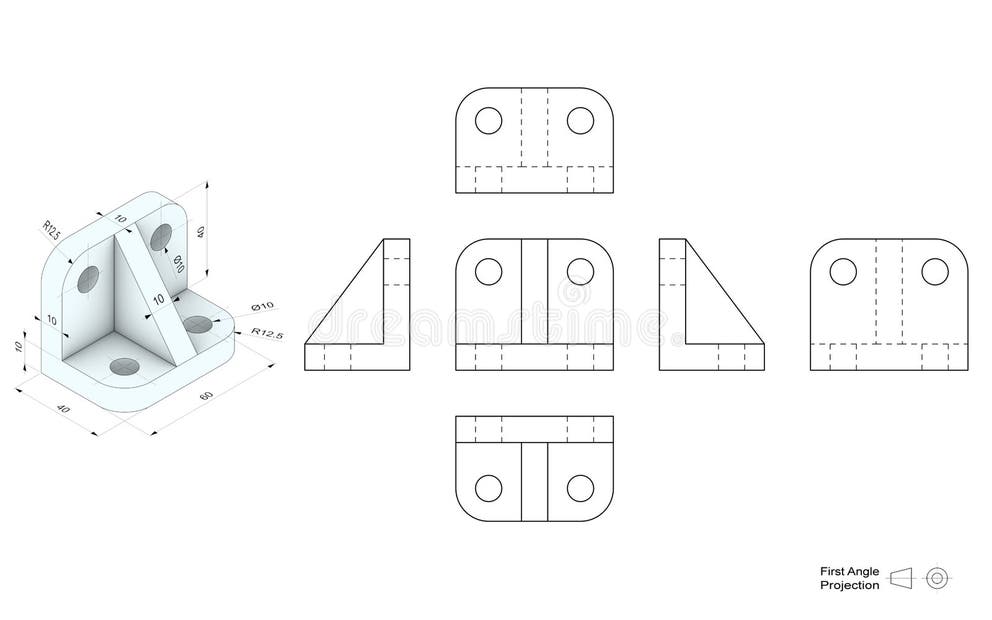 Technical Drawing with Orthographic Views from 3D Model. First Angle ...