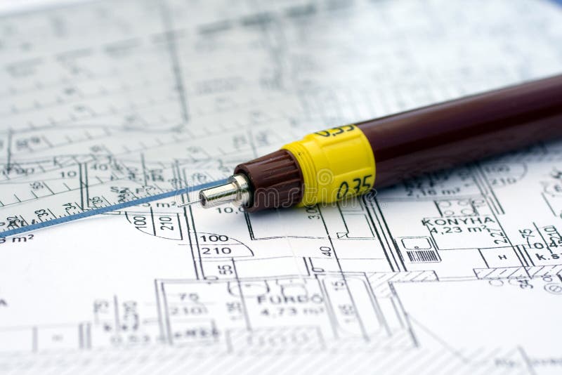 Technical Drawing Pens on a Floor Plan Stock Image - Image of drawing ...