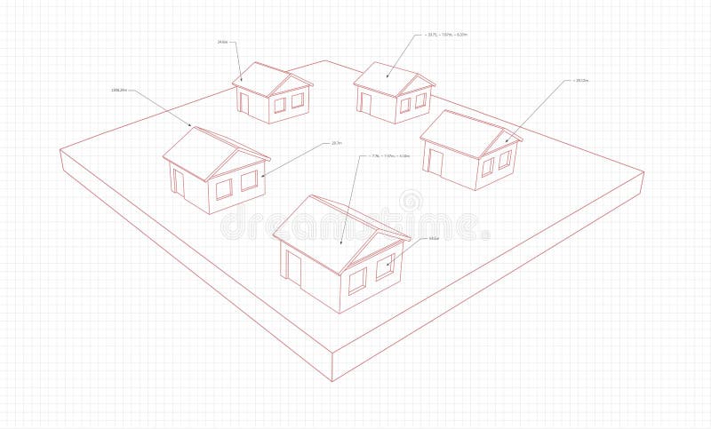 Technical Drawing Plot with Red Houses and Black Line Size Indicators ...