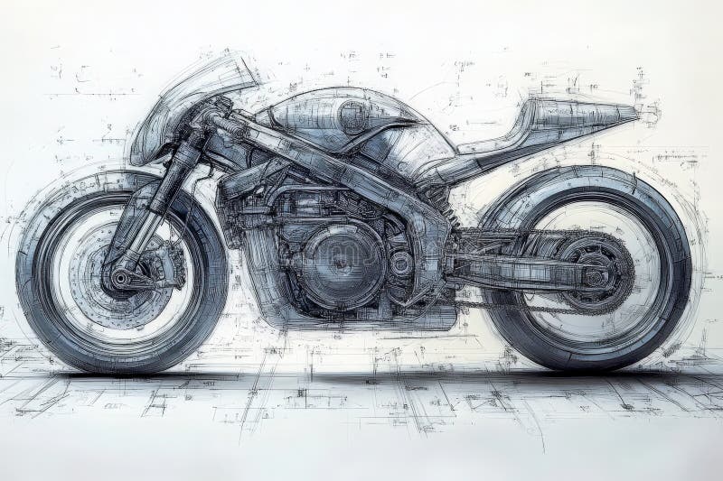 Technical Sketch Drawing of a Motorcycle Showcasing Design Details and ...