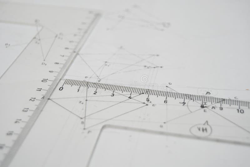 Technical Drawing with Rulers, Set Square, Paper Stock Image - Image of ...