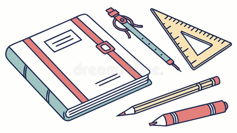 Technical Drawing Set with Notebook, Compass, and Pens Vector Design ...