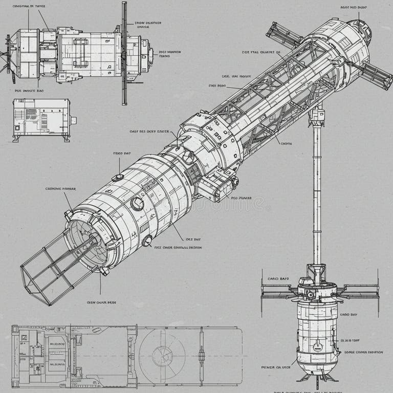 Technical Drawing of a Spacecraft Featuring Detailed Schematics and ...