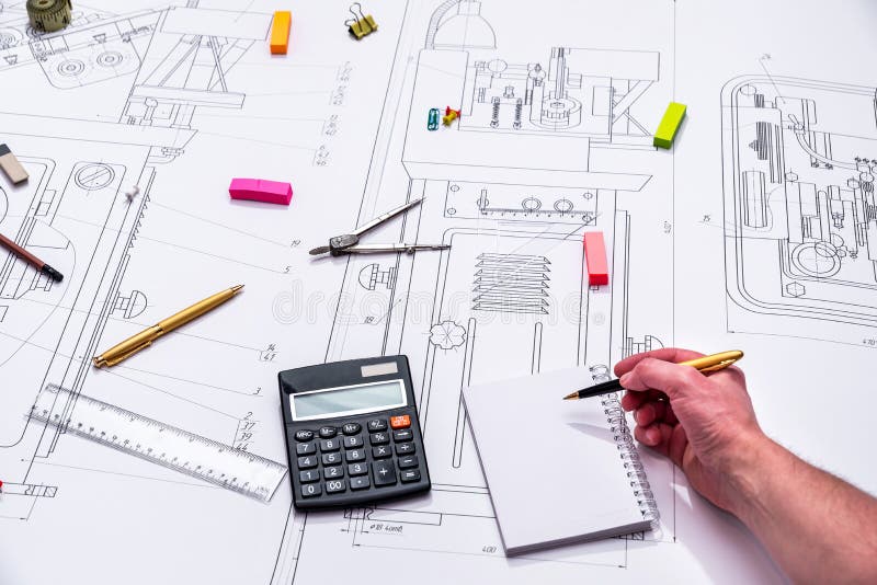 Technical Drawing, Graph Paper and Tools. Engineer Office Team Working ...