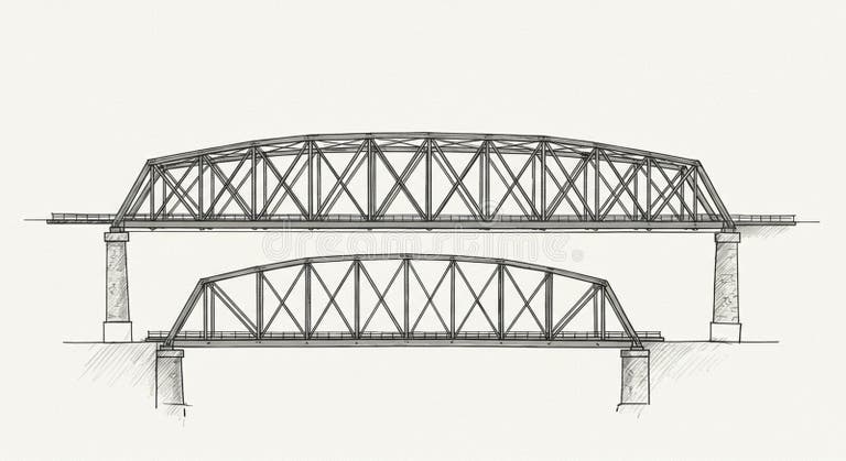 Technical Drawing of Two Steel Truss Bridges, Side by Side. Each Bridge ...