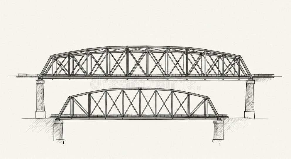 Technical Drawing of Two Steel Truss Bridges, Side by Side. Each Bridge Features Stock ...