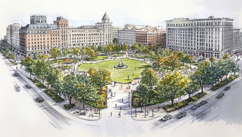 A Technical Drawing of an Urban Square with Green Spaces, Surrounded by ...