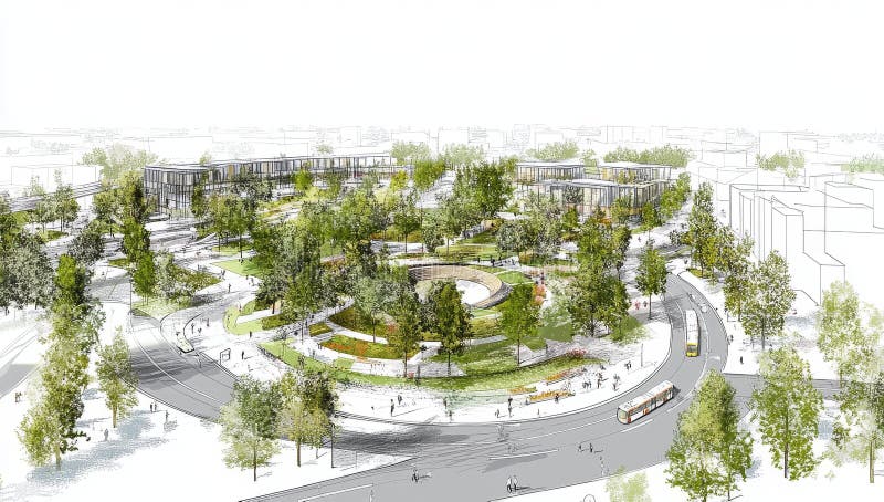 A Technical Drawing of an Urban Square with Green Spaces, Surrounded by ...