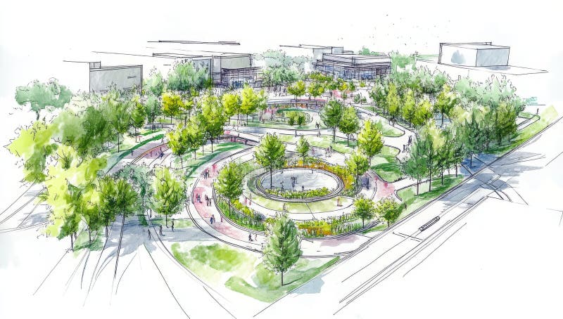 A Technical Drawing of an Urban Square with Green Spaces, Surrounded by ...