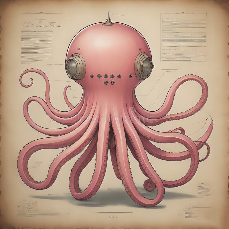 A Technical Drawing of a Vintage Pink Octopus Robot - Generated B Y Ai ...