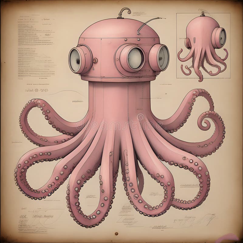 A Technical Drawing of a Vintage Pink Octopus Robot - Generated B Y Ai ...