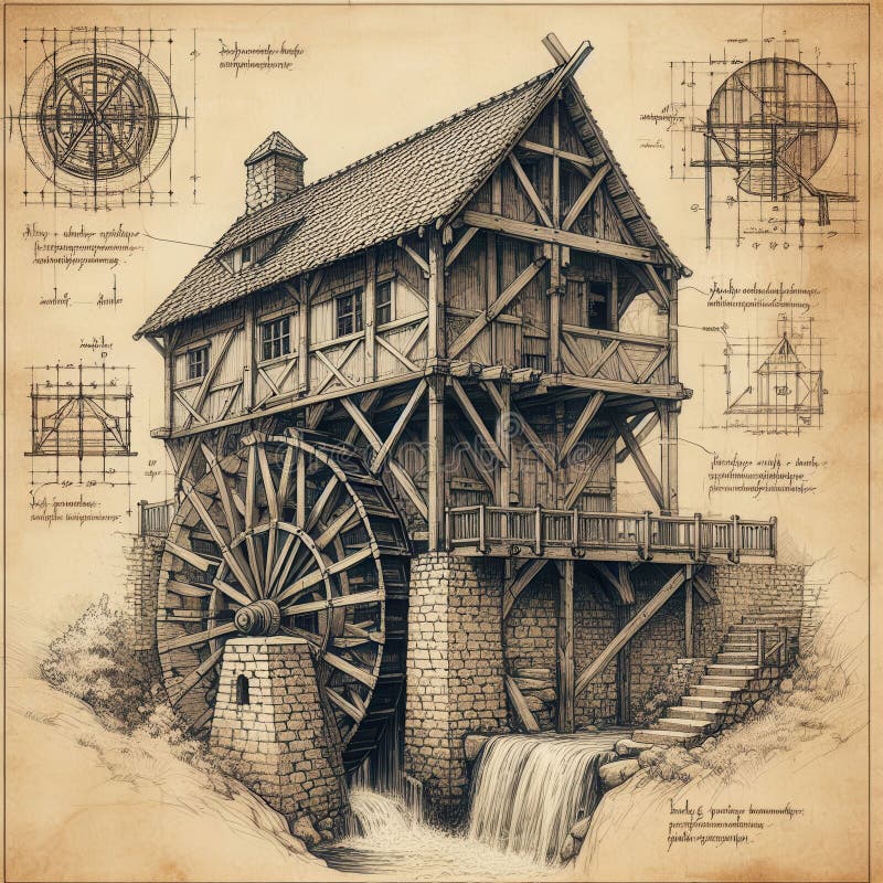 Technical Drawing of Wooden Waterwheel Mill Stock Illustration ...