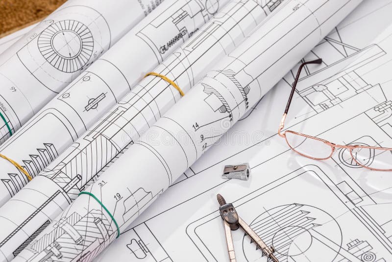 Technical Drawing and Work Tools. Stock Image - Image of machine ...
