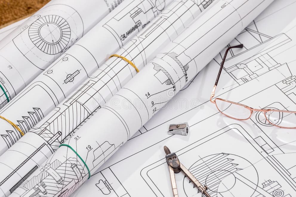 Technical Drawing and Work Tools. Stock Image - Image of machine ...