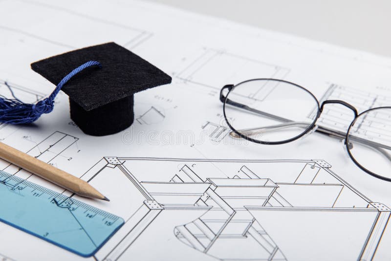 Technical Project, Glasses and Graduation Cap with Books. Engineering ...