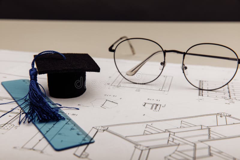 Technical Project, Glasses and Graduation Cap with Books. Engineering ...