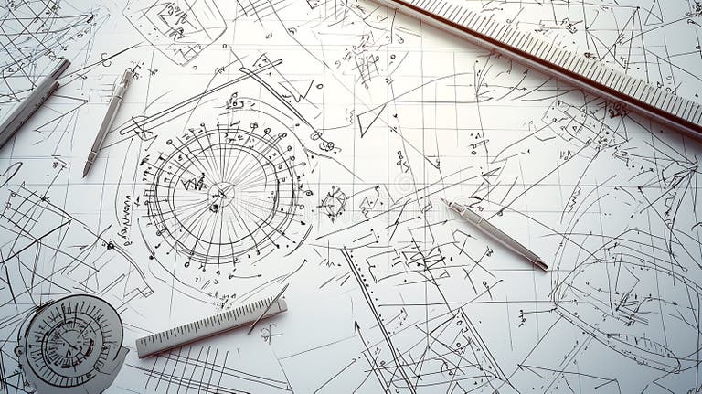 Technical Drawings, Pencils, Rulers, and Compass Scattered on a Table ...