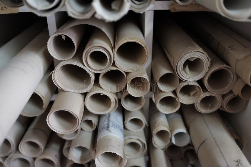 Technical Drawings on Rolled Glossy Paper Stock Photo - Image of ...