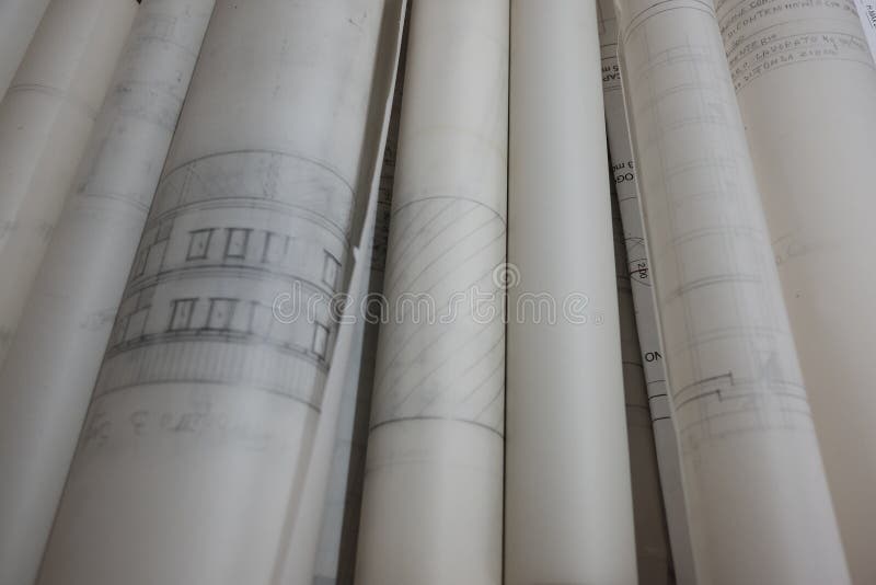 Technical Drawings on Rolled Glossy Paper Stock Photo - Image of glossy ...