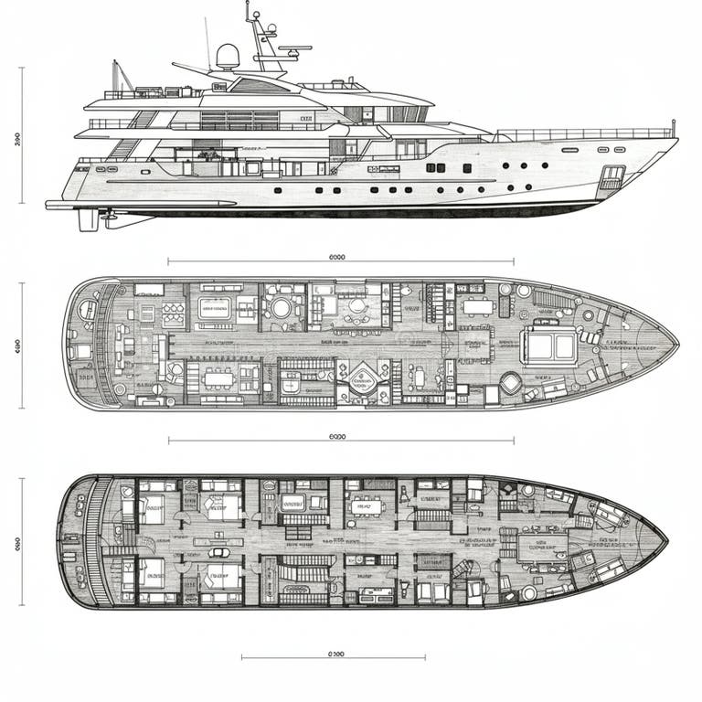 Technical Drawings of a Yacht Display a Side Profile and Floor Plans of ...