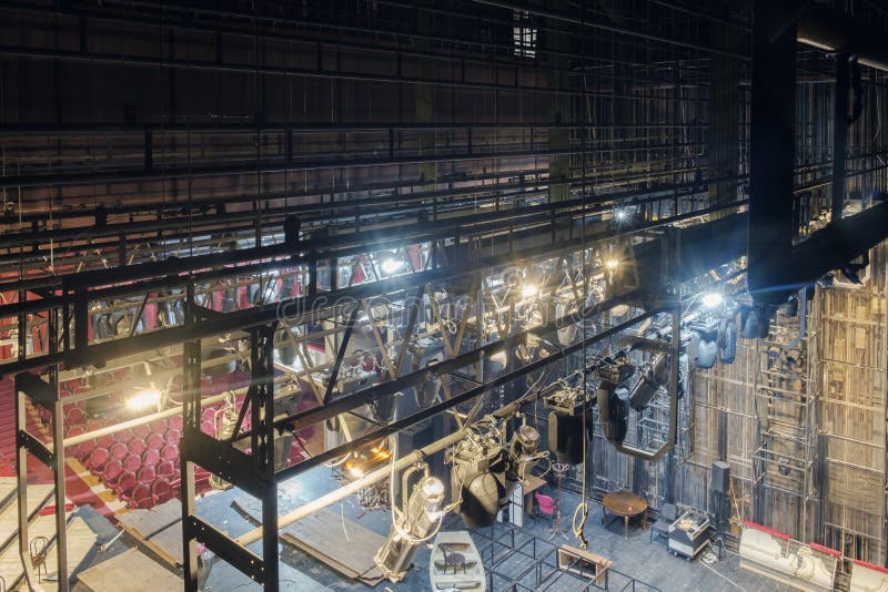 Technical Equipment at the Backstage of Theater. Stage Spot Lighting ...